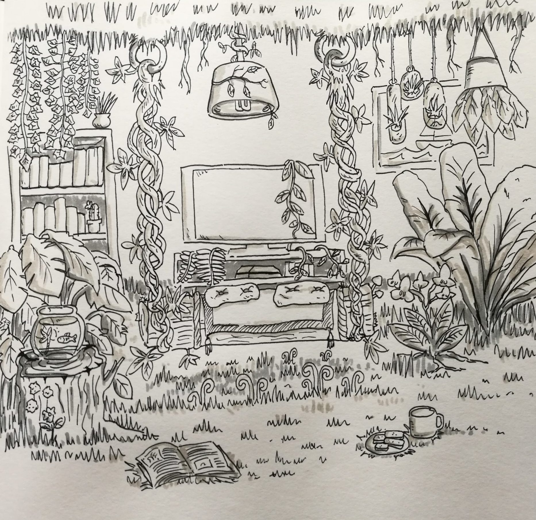 The Overgrown Living Room Illustration | Black & White